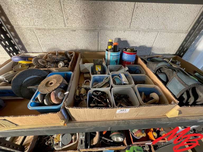 3 boxes chalk lines, chalk, grinding wheels/brushes, padlock, drill ...