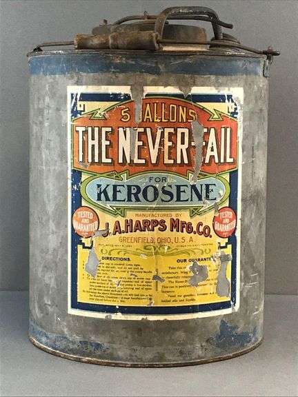 5 Gallon J.A. Harps Mfg. Co. Kerosene container - Matthew Bullock Auctioneers