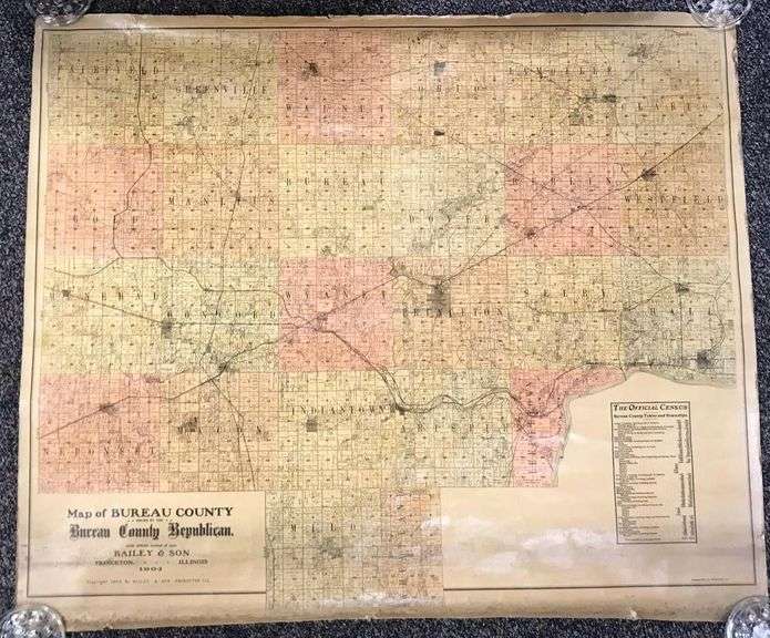 Antique 1903 Bureau County Illinois map - Matthew Bullock Auctioneers