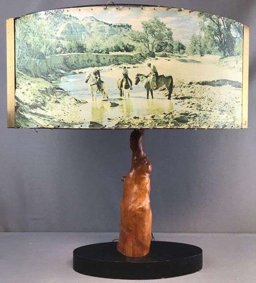 Mid-Century Cypress Knee table lamp with Helmscene shade - Matthew ...