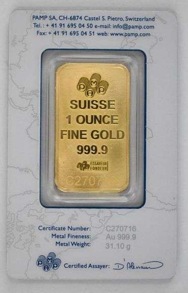 PAMP Credit Suisse 1oz. .9999 Fine Gold Ingot / Bar - Matthew Bullock ...