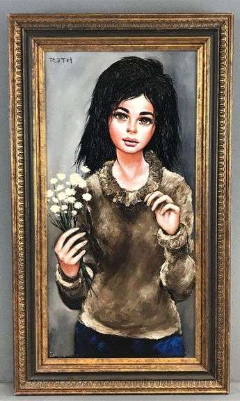 Original Etienne Roth framed oil on canvas-Big Eye girl with flowers ...