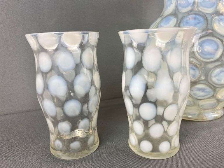 5 piece group opalescent Coin Dot glass pitcher and tumblers - Matthew ...