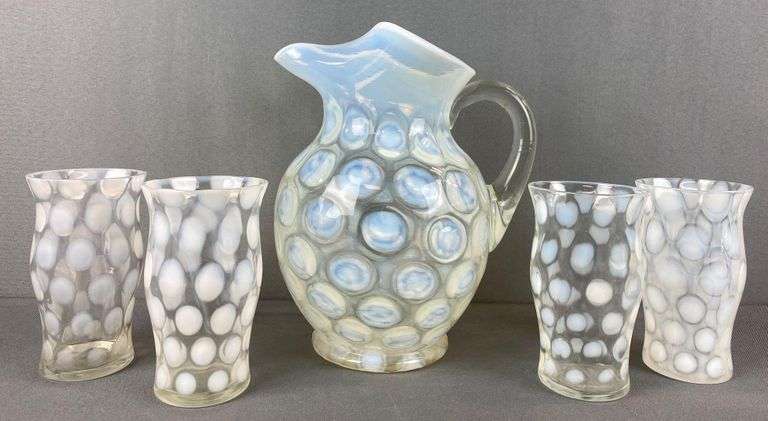 5 piece group opalescent Coin Dot glass pitcher and tumblers - Matthew ...