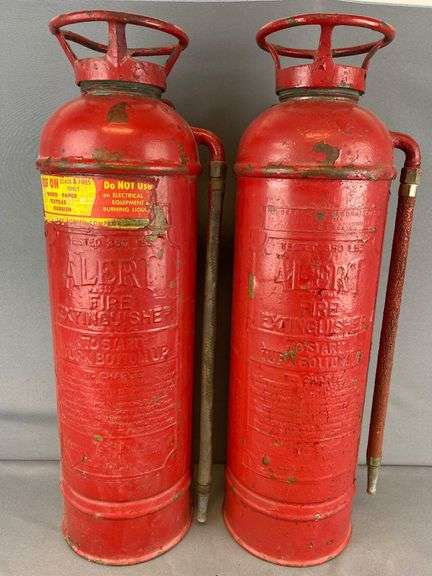 Group of 2 painted copper fire extinguishers - Matthew Bullock Auctioneers