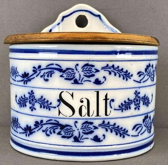German blue and white salt box with wood lid - Matthew Bullock Auctioneers