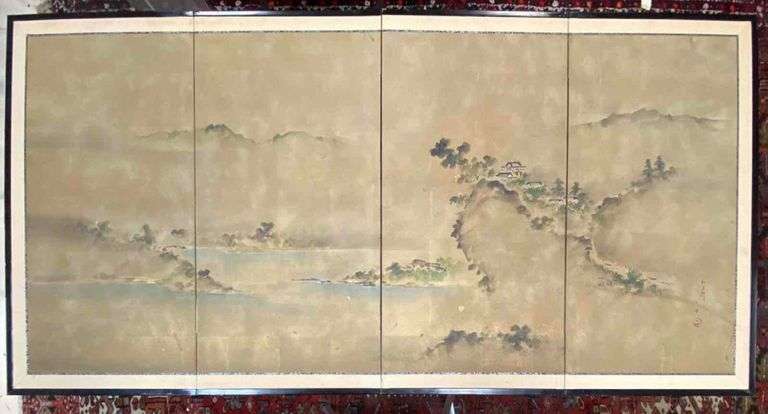Japanese Folding 4 Panel Silk Low Screen - Matthew Bullock Auctioneers