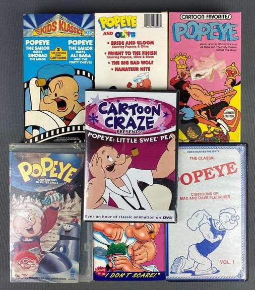 Group of 7 Popeye VHS tapes, DVD - Matthew Bullock Auctioneers