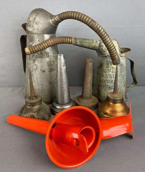 7 piece group of oil cans, spouts - Matthew Bullock Auctioneers
