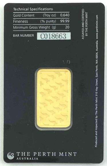 Perth Mint Australia 20 gram .9999 fine Gold Bar/Ingot Serial Numbered ...