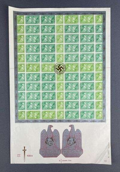 Uncut WW2 German Hitler Uncut Stamp Sheet - Matthew Bullock Auctioneers