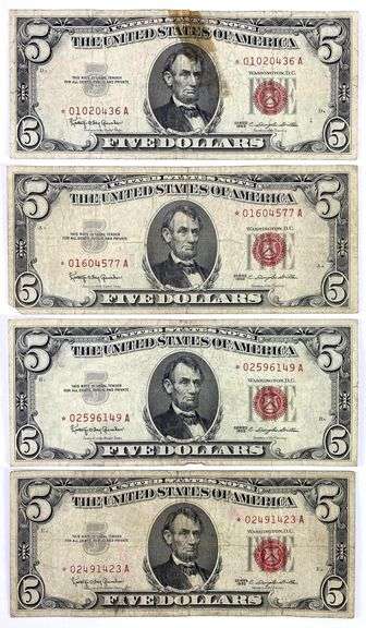 Group of (4) 1963 $5 Red Seal US Star Notes - Matthew Bullock Auctioneers