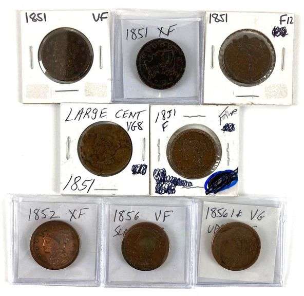 Group of (8) Coronet Head Large Cents 1850's - Matthew Bullock Auctioneers