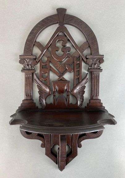 Vintage Masonic Lodge Wood Wall Hanging Shelf - Matthew Bullock Auctioneers