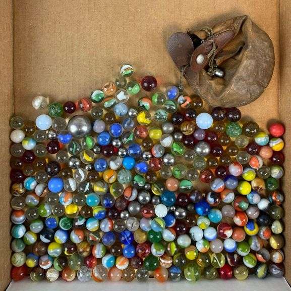 Group of 150+ Assorted Marbles and Leather Pouch - Matthew Bullock ...