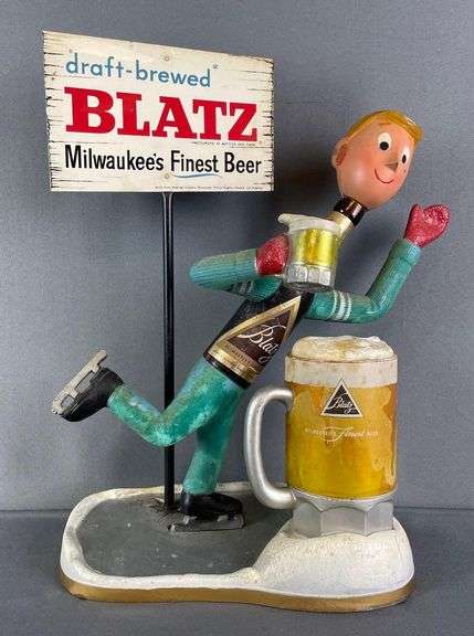 Vintage Blatz Beer Ice Skating Bottle Advertising Back Bar Statue ...