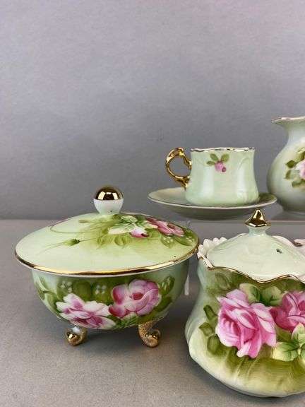 Group of 6 Lefton China Green Rose Tea Set - Matthew Bullock Auctioneers
