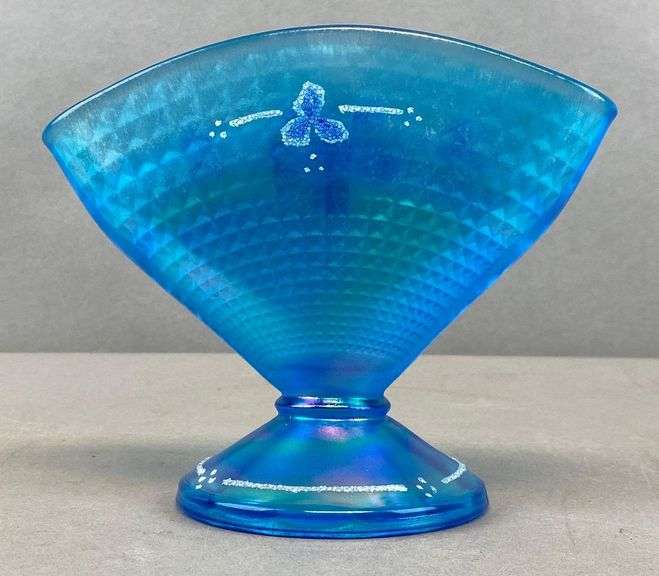 Fenton Hand Painted Blue Iridescent Glass Fan Vase - Matthew Bullock ...