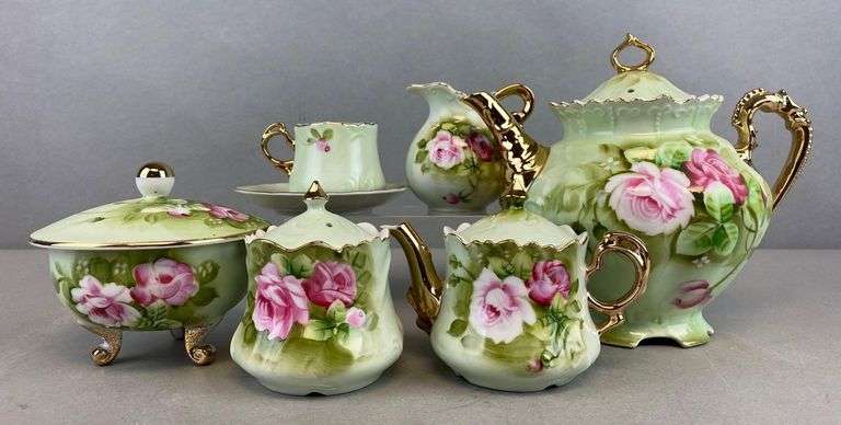 Group of 6 Lefton China Green Rose Tea Set - Matthew Bullock Auctioneers