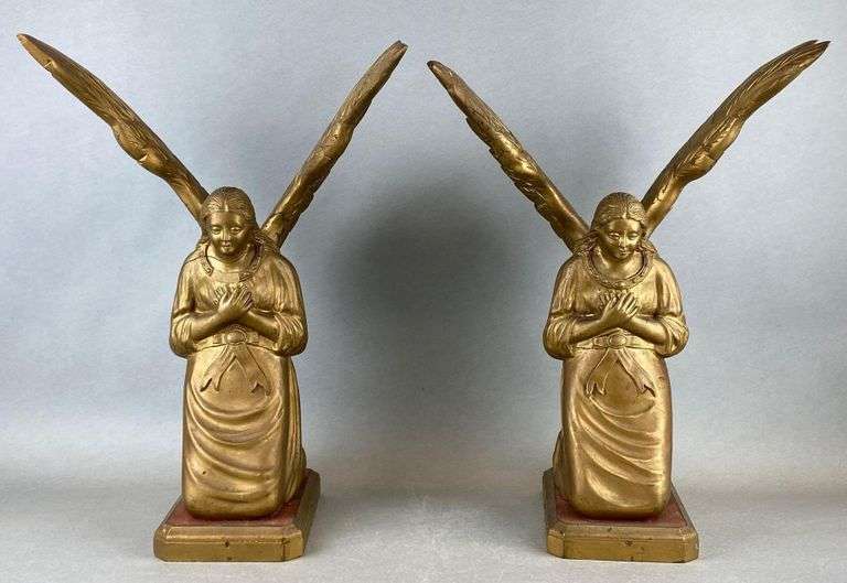 Masonic Odd Fellows 2 Wooden Kneeling Angel Figures - Matthew Bullock ...