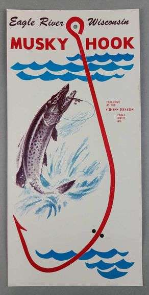 Vintage Musky Hook Cardboard Advertising Sign - Matthew Bullock Auctioneers