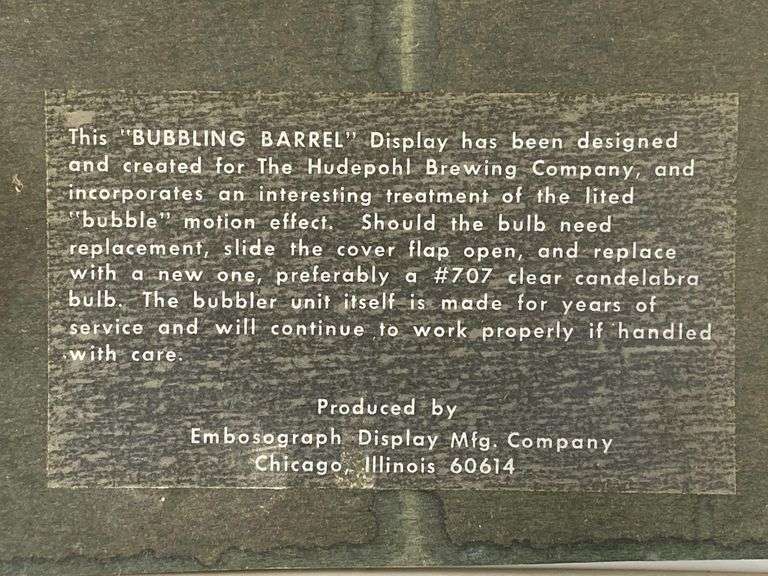 Vintage Hudepohl Bubbler Barrel Light Up Advertising Beer Sign ...
