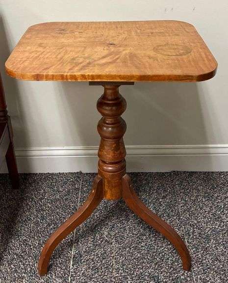 Antique 3 Legged Tiger Maple Candle Stand - Matthew Bullock Auctioneers
