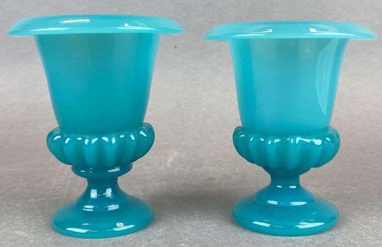 Set of 2 Robins Blue Egg Opaline Glass Vases - Matthew Bullock Auctioneers