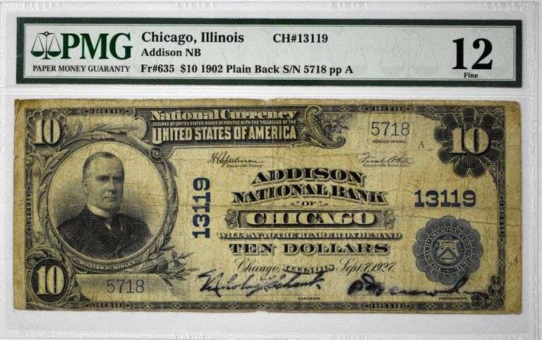 1902 $10 National Currency Note, (Plain Back) Chicago, Illinois (PMG ...