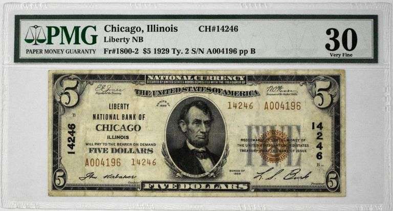 1929 Ty.2 $5 National Currency Note, Chicago, Illinois, (PMG) VF30 ...