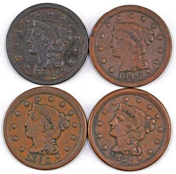 Group of (4) Braided Hair Large Cents 1848 1849 1850 & 1851 - Matthew Bullock Auctioneers
