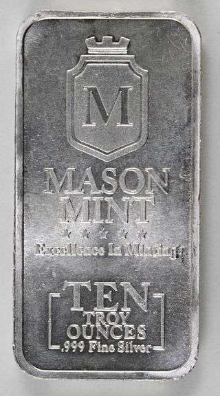 Mason Mint 10oz. .999 Fine Silver Ingot/Bar - Matthew Bullock Auctioneers