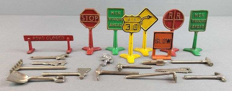 Group of 21 Toy Street Signs, Tools - Matthew Bullock Auctioneers