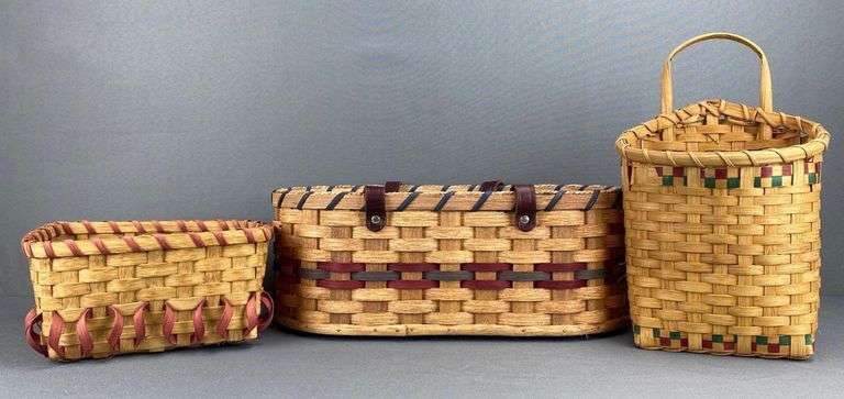 Group of 3 Colorful Woven Wood Baskets - Matthew Bullock Auctioneers