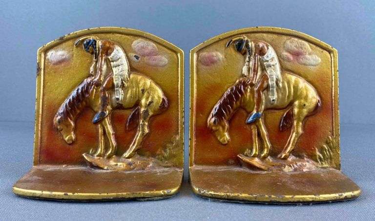 End of Trail Brass Painted Bookends - Matthew Bullock Auctioneers