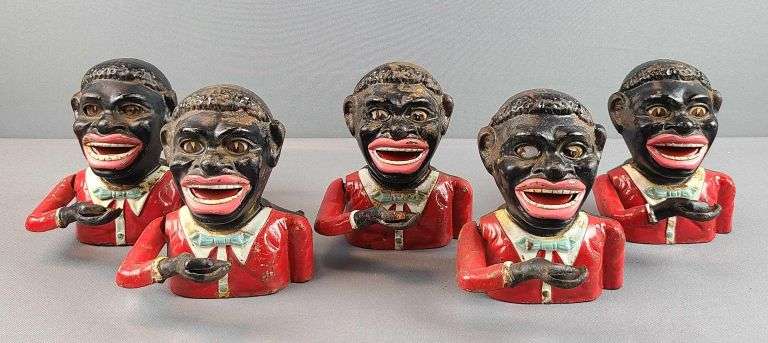 Group of 5 Black Americana Jolly Man Cast Iron Banks - Matthew Bullock ...