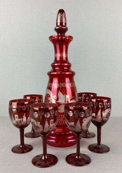 Bohemian Crystal Ruby Flash Wine Decanter with Goblets - Matthew ...