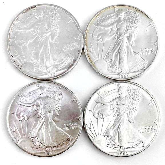 Group of 4 1991 US Mint American Silver Eagle 1 oz .999 fine silver rounds - Matthew Bullock ...