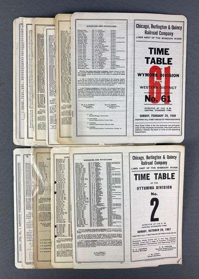 Group of 12 Chicago Burlington and Quincy Railroad Employee Timetables ...