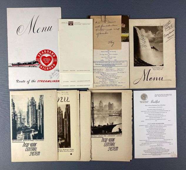 Group of 10+ Assorted Railroad Menus - Matthew Bullock Auctioneers