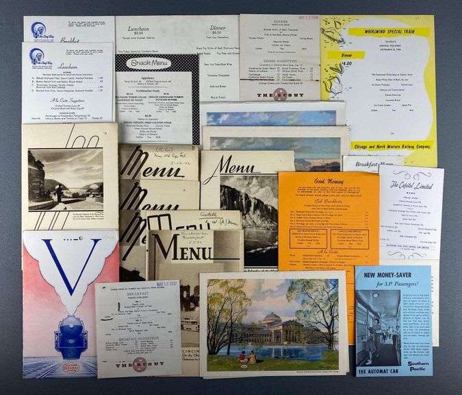 Group of 15+ Assorted Railroad Menus - Matthew Bullock Auctioneers