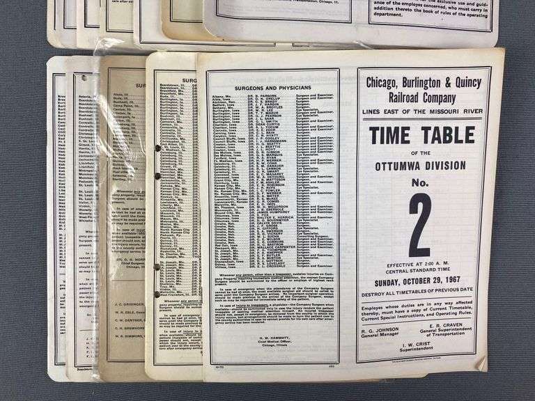 Group of 12 Chicago Burlington and Quincy Railroad Employee Timetables ...