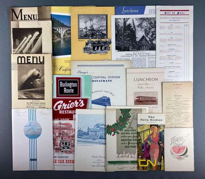 Group of 15+ Assorted Railroad Menus - Matthew Bullock Auctioneers