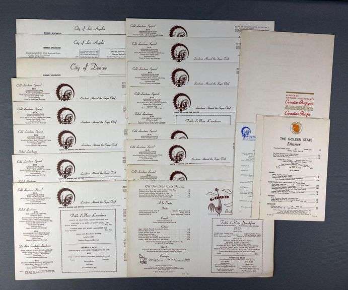 Group of 20 Assorted Railroad Menus - Matthew Bullock Auctioneers