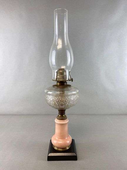 White Flame Light Co Painted Glass Oil Lamp - Matthew Bullock Auctioneers