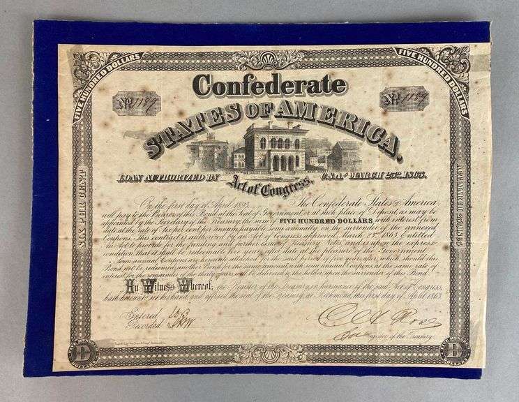 1893 Confederate States of America $500 Bond Certificate - Matthew ...