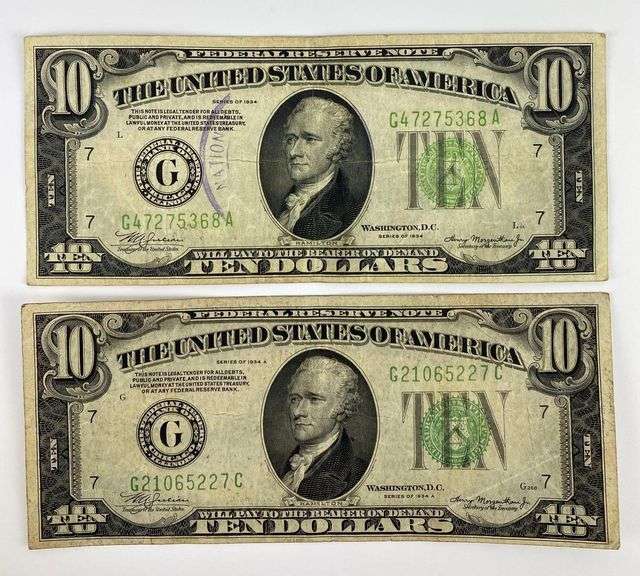 Group of 2 $10 US Currency Notes - Matthew Bullock Auctioneers