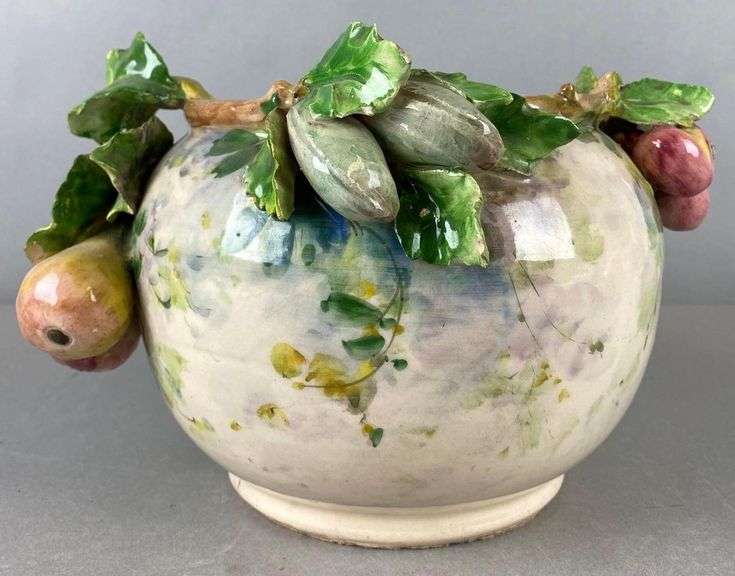 French Barbotine Pottery Vase with Hanging Fruit Motif - Matthew ...