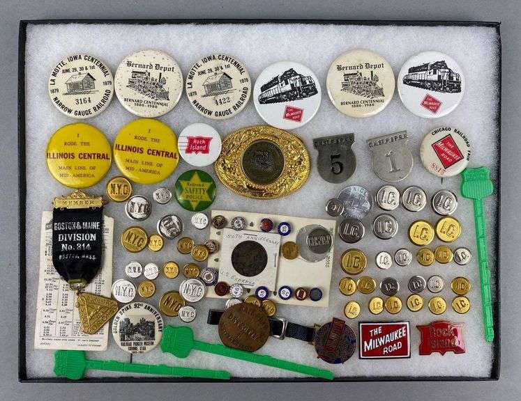 Group of 50+ Assorted Railroad Pins and More - Matthew Bullock Auctioneers
