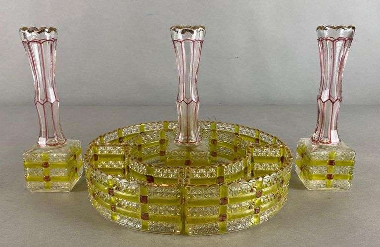 Yellow Cut Glass Segmented Sharing Dish and Candlesticks - Matthew ...